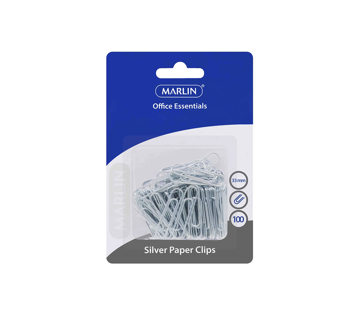 Marlin Silver paper clips 33mm 100's blister card - Mambos Online Store